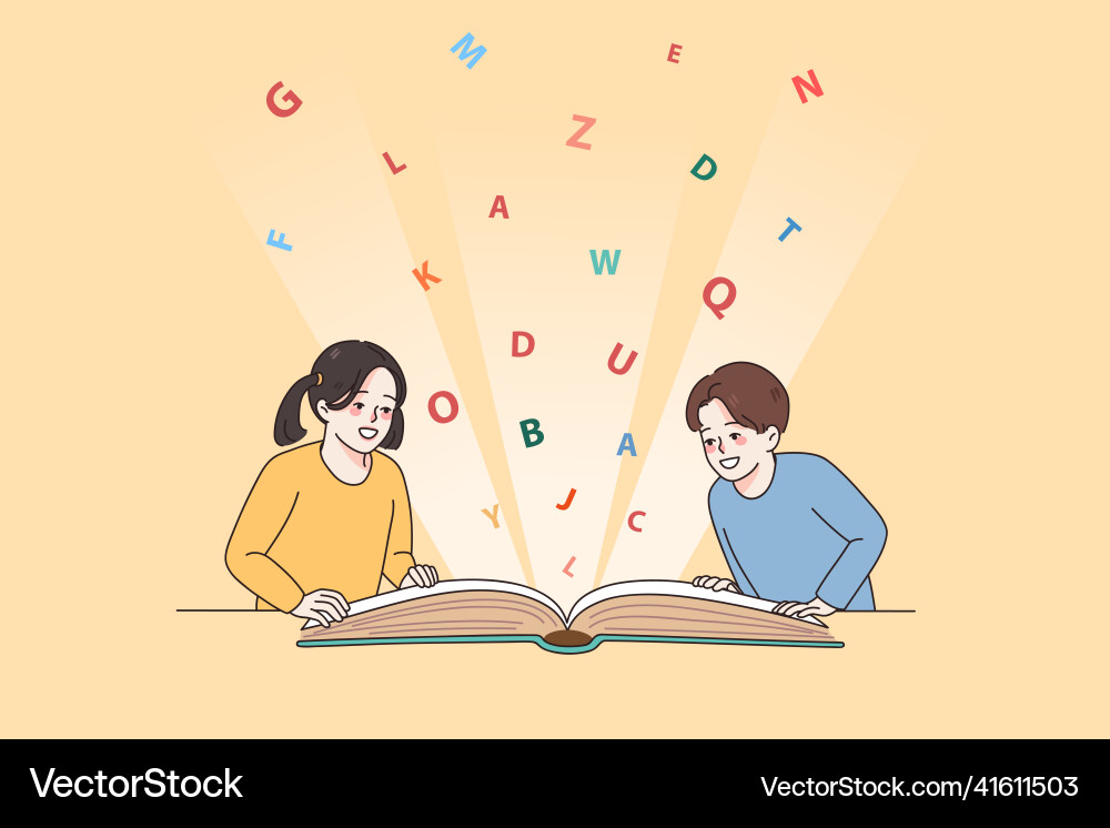 Happy small kids reading book together Royalty Free Vector