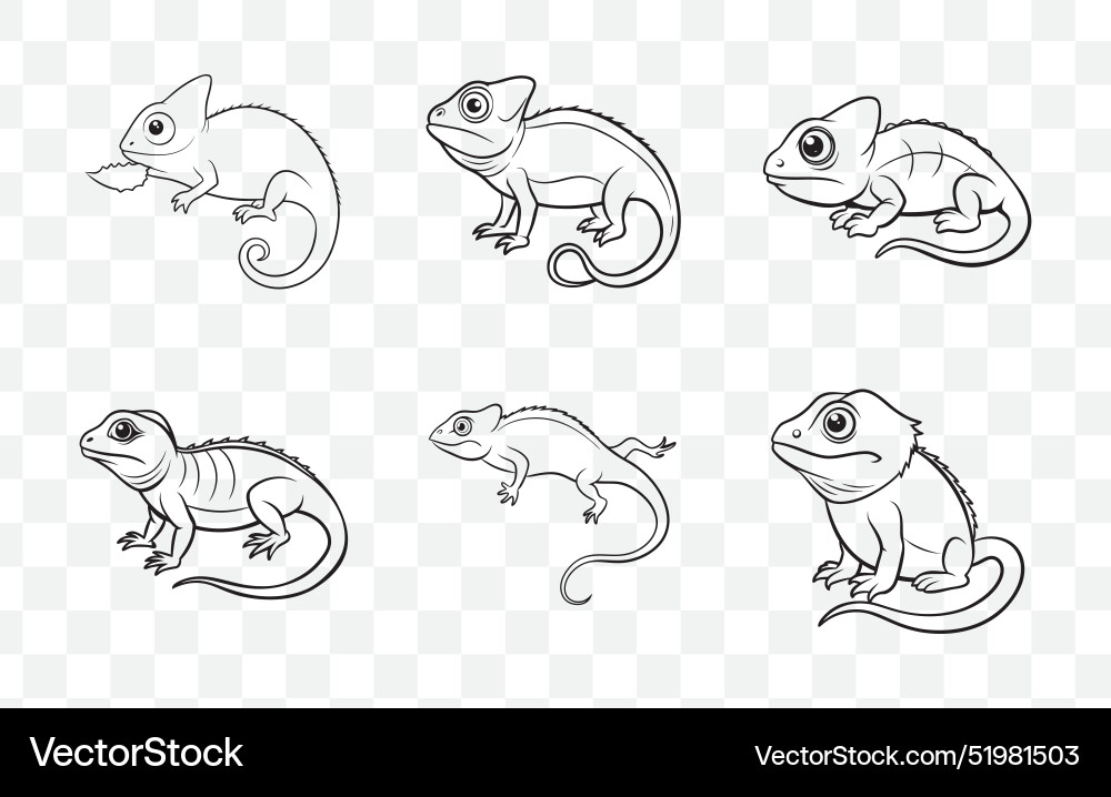 Print detailed chameleon line art set Royalty Free Vector