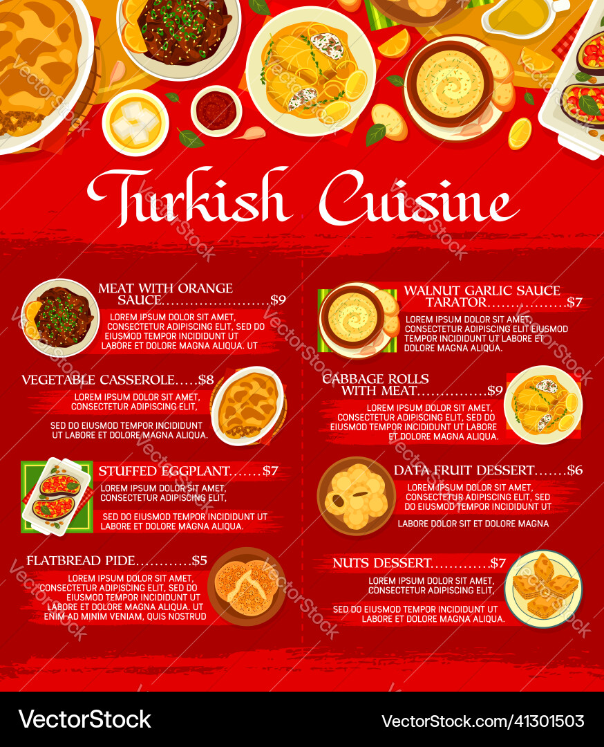 Turkish cuisine menu template with halal food Vector Image