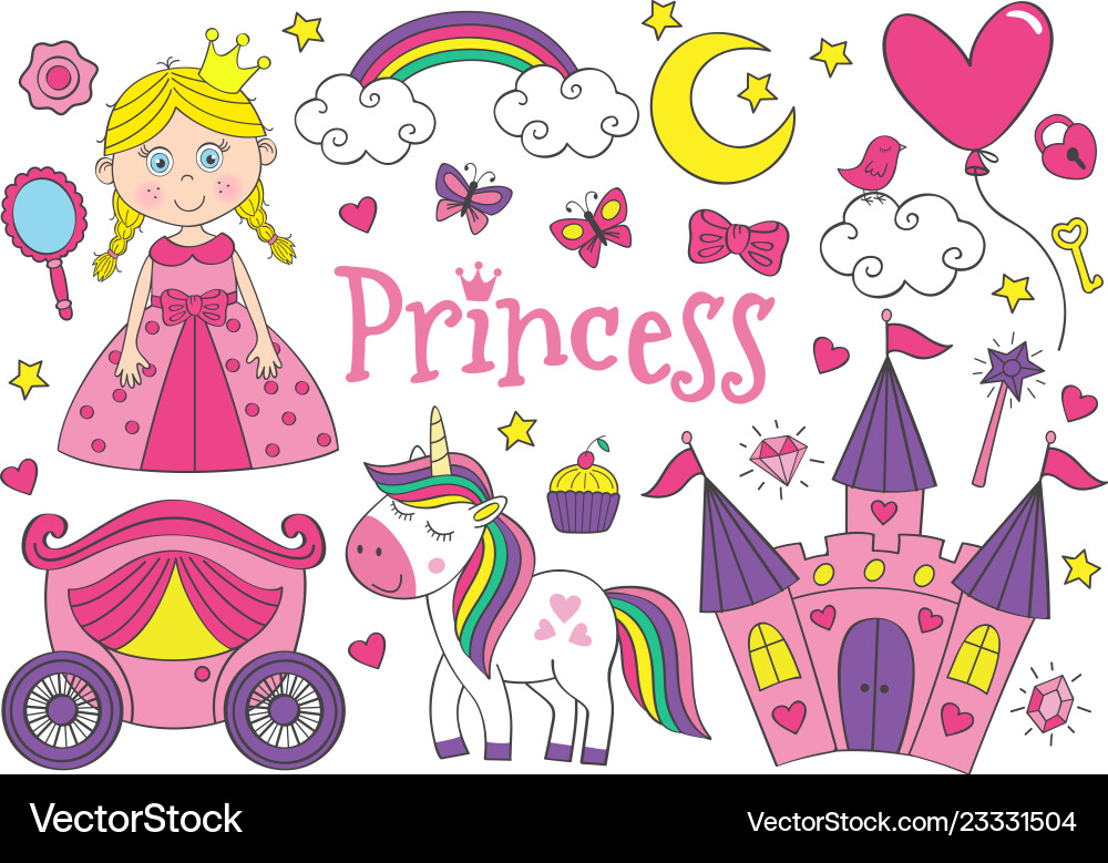 Set of isolated cute princess and design elements Vector Image