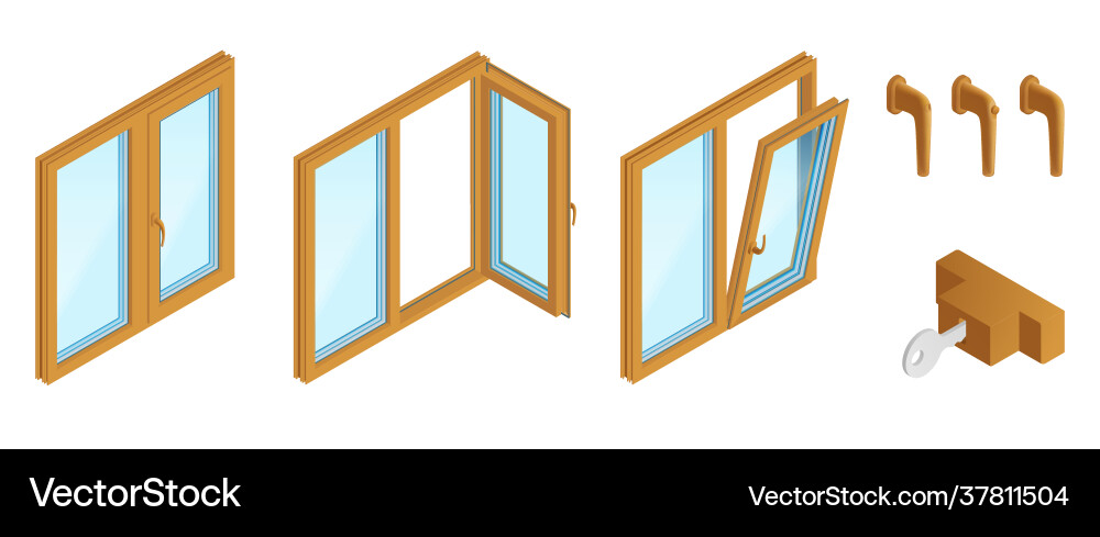 Wooden windows isometric set Royalty Free Vector Image