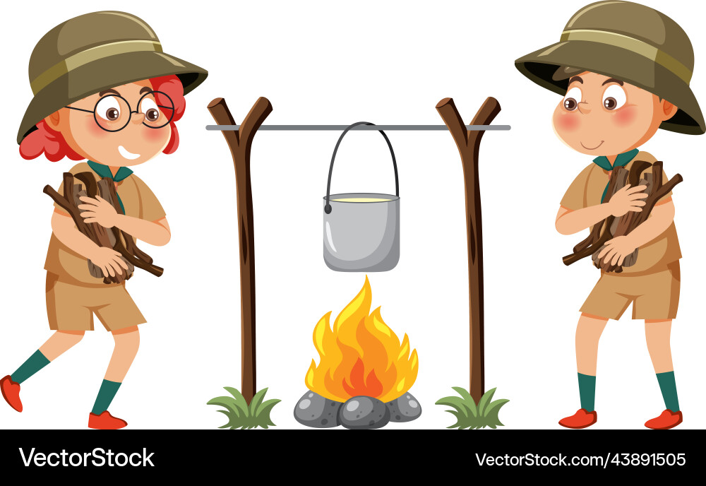 Boy scout cooking at campsite Royalty Free Vector Image