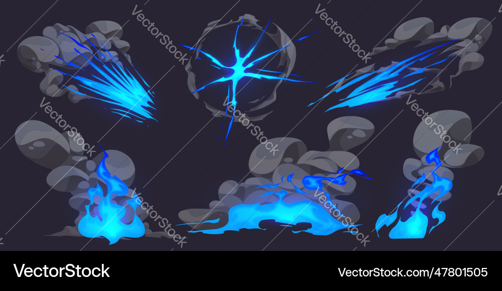Cartoon explosion effects with blue fire and smoke