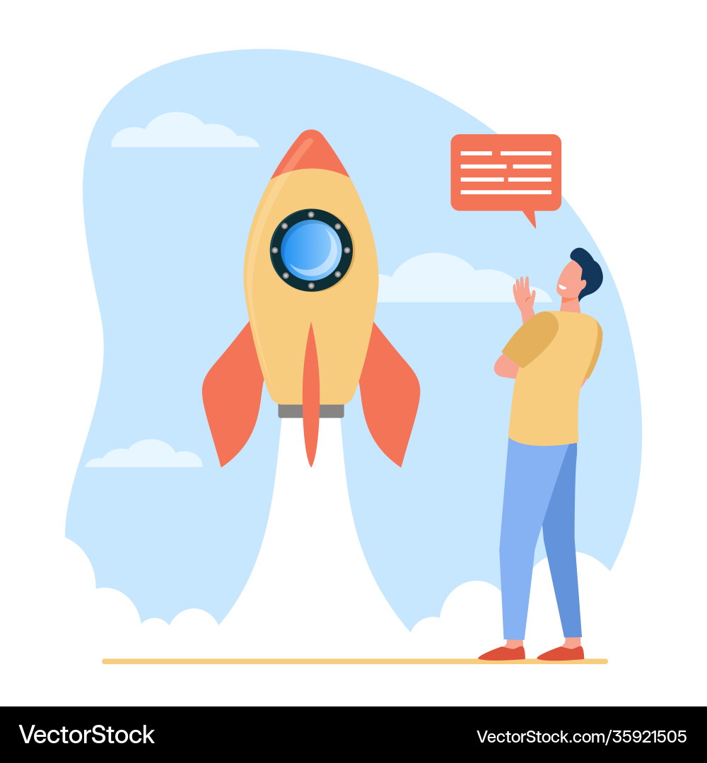 Happy man watching launch rocket Royalty Free Vector Image