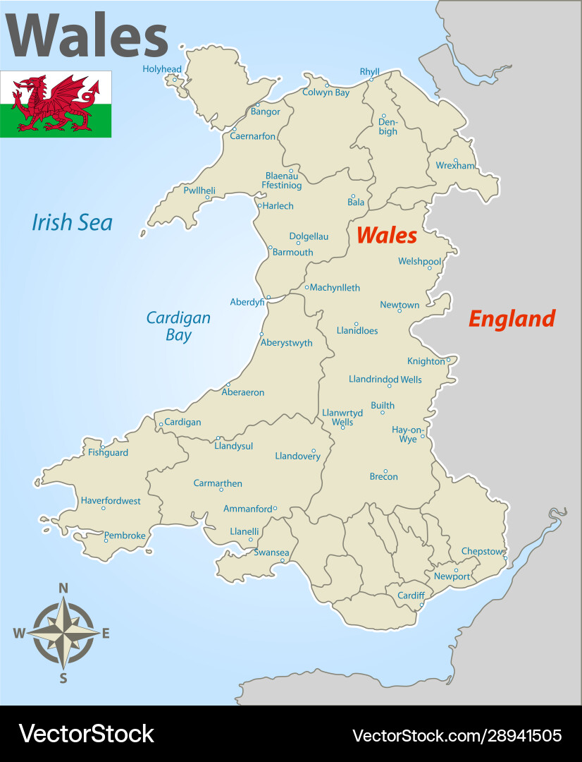 Map wales with districts Royalty Free Vector Image