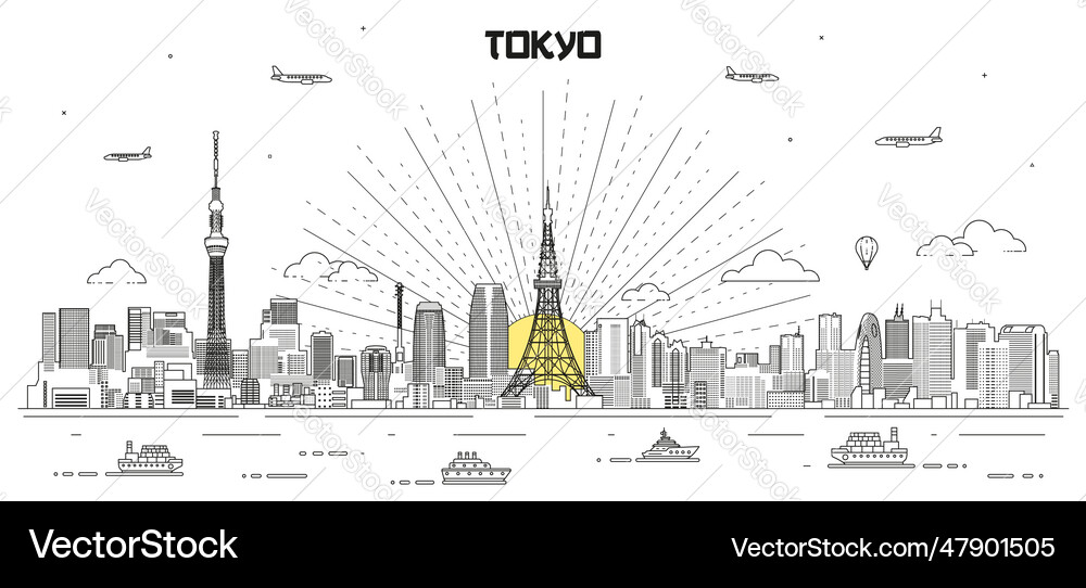 Tokyo skyline line art Royalty Free Vector Image