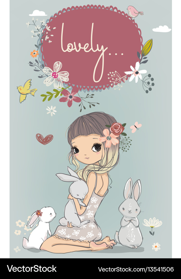 Cute girl with white hares Royalty Free Vector Image