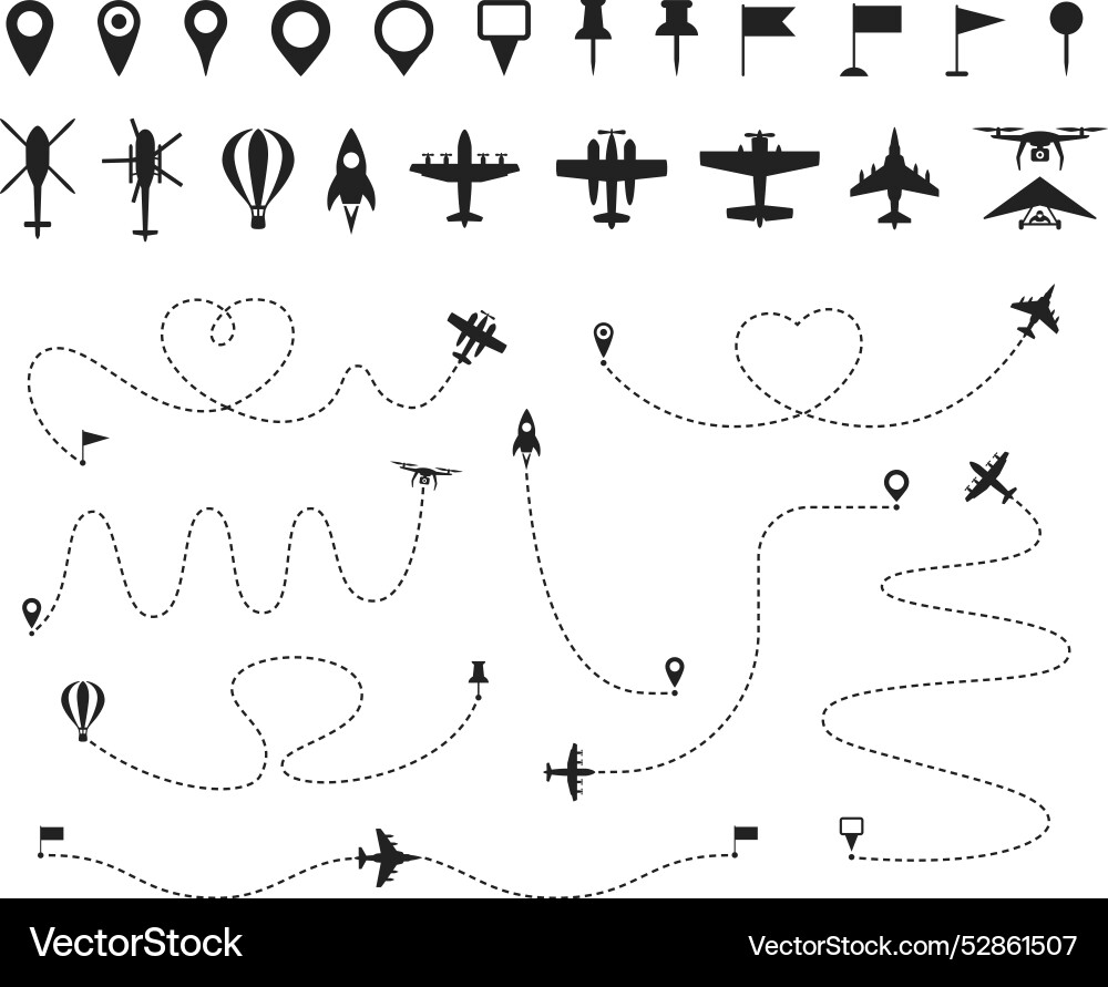 Flight path route dashed line plane helicopter Vector Image