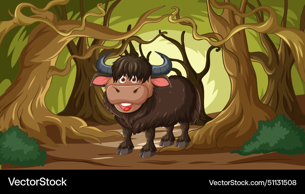 Cartoon yak smiling in a lush forest setting Vector Image