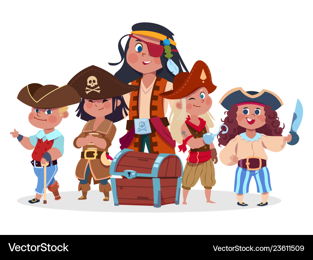 Pirates kids team and treasure chest Royalty Free Vector