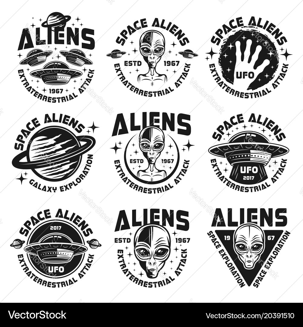 Aliens and ufo vintage emblems labels badges Vector Image