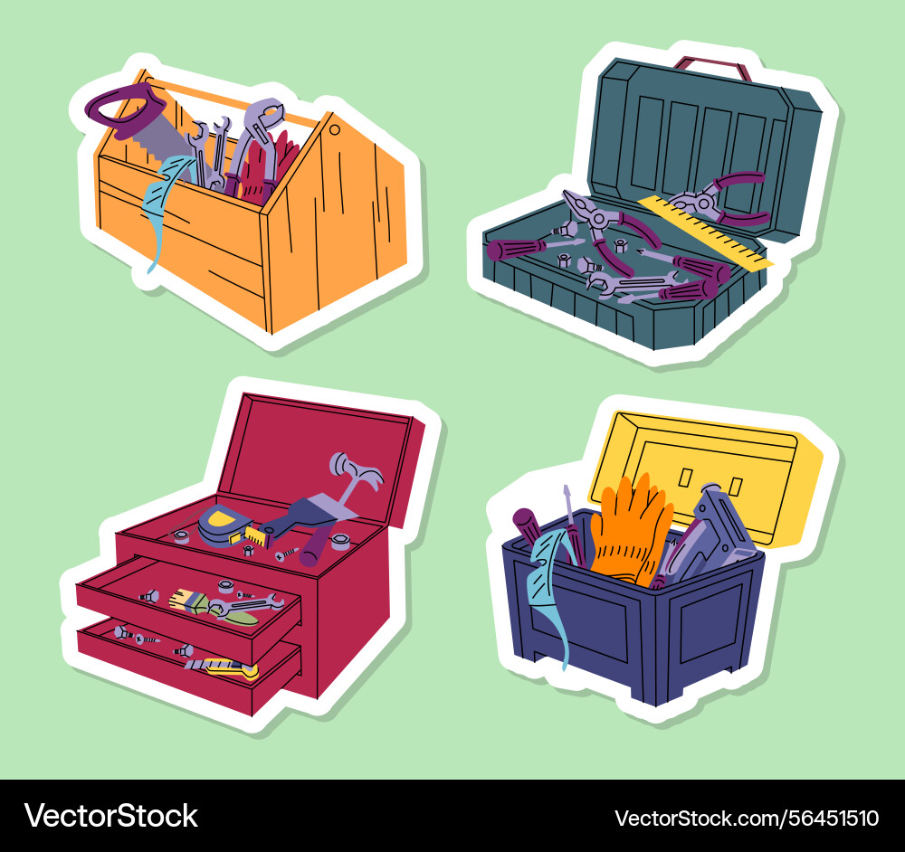 Cartoon color different construction toolkit boxes