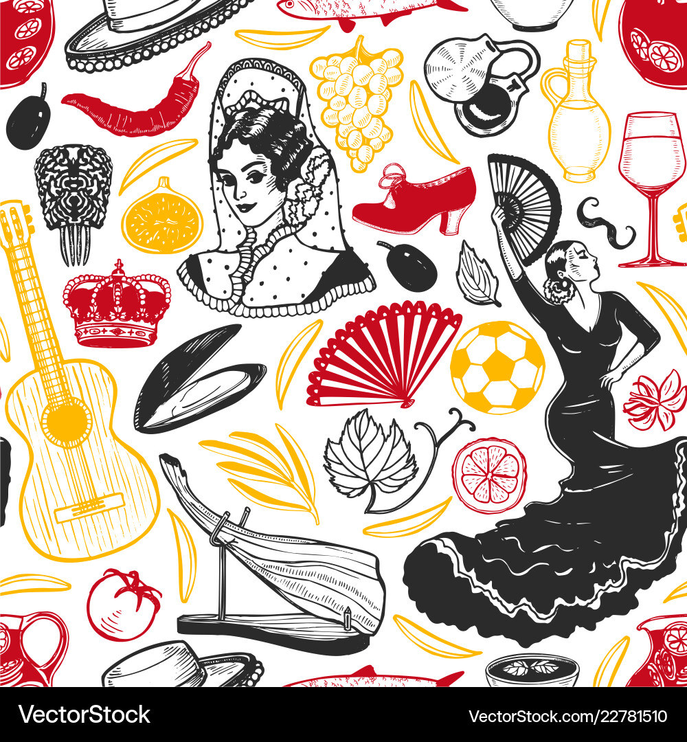 Pattern with spanish symbols in hand-drawn style Vector Image
