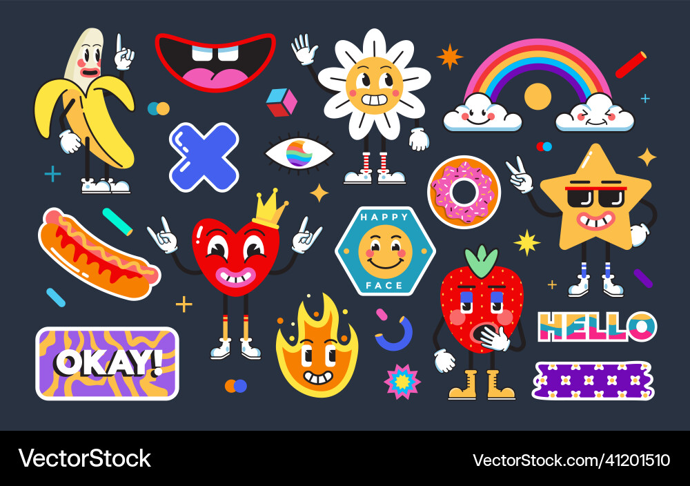 Retro 80s Sticker Pack - Fun Faces Royalty Free Vector Image