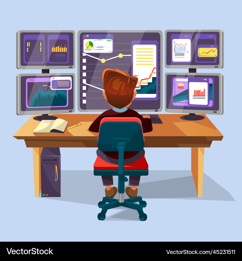 Cartoon trader financial analyst workplace Vector Image