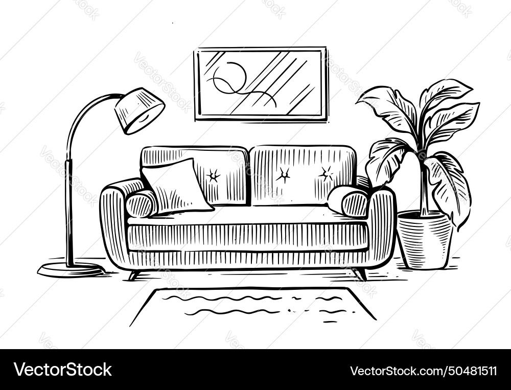 Sofa drawings sketch style room interior Vector Image