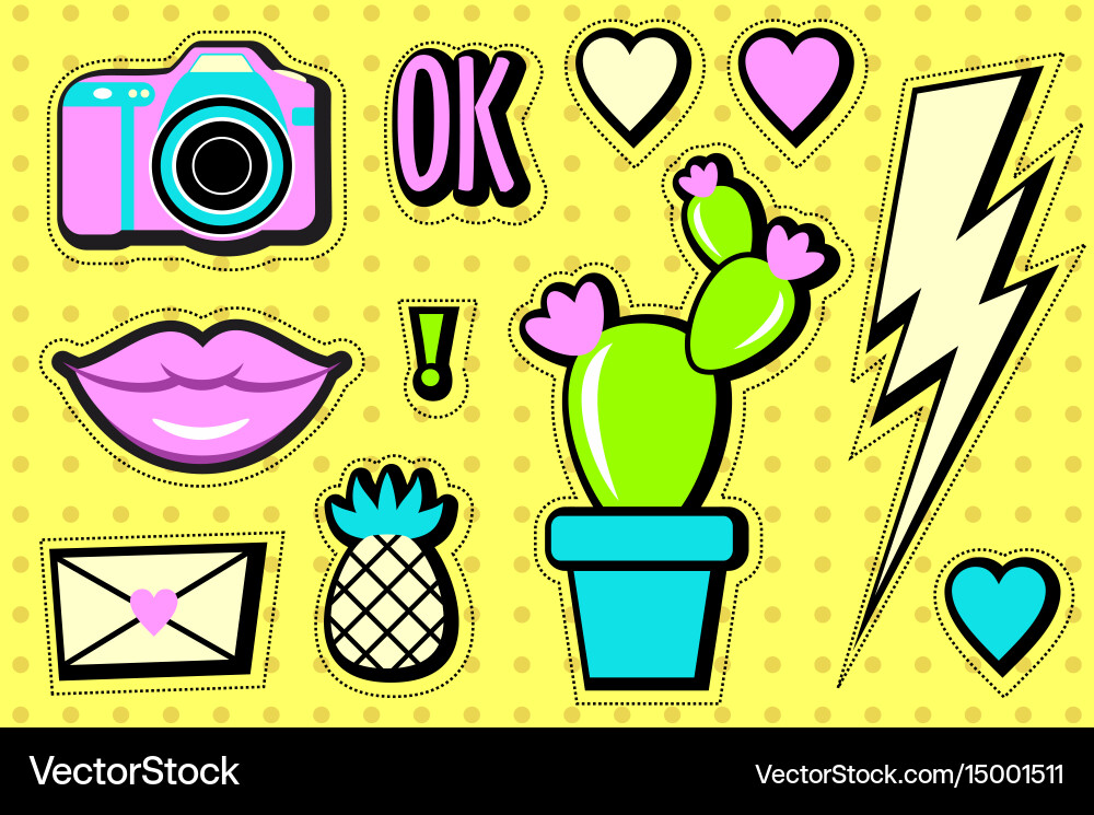 Stickers set cartoon patch badges Royalty Free Vector Image