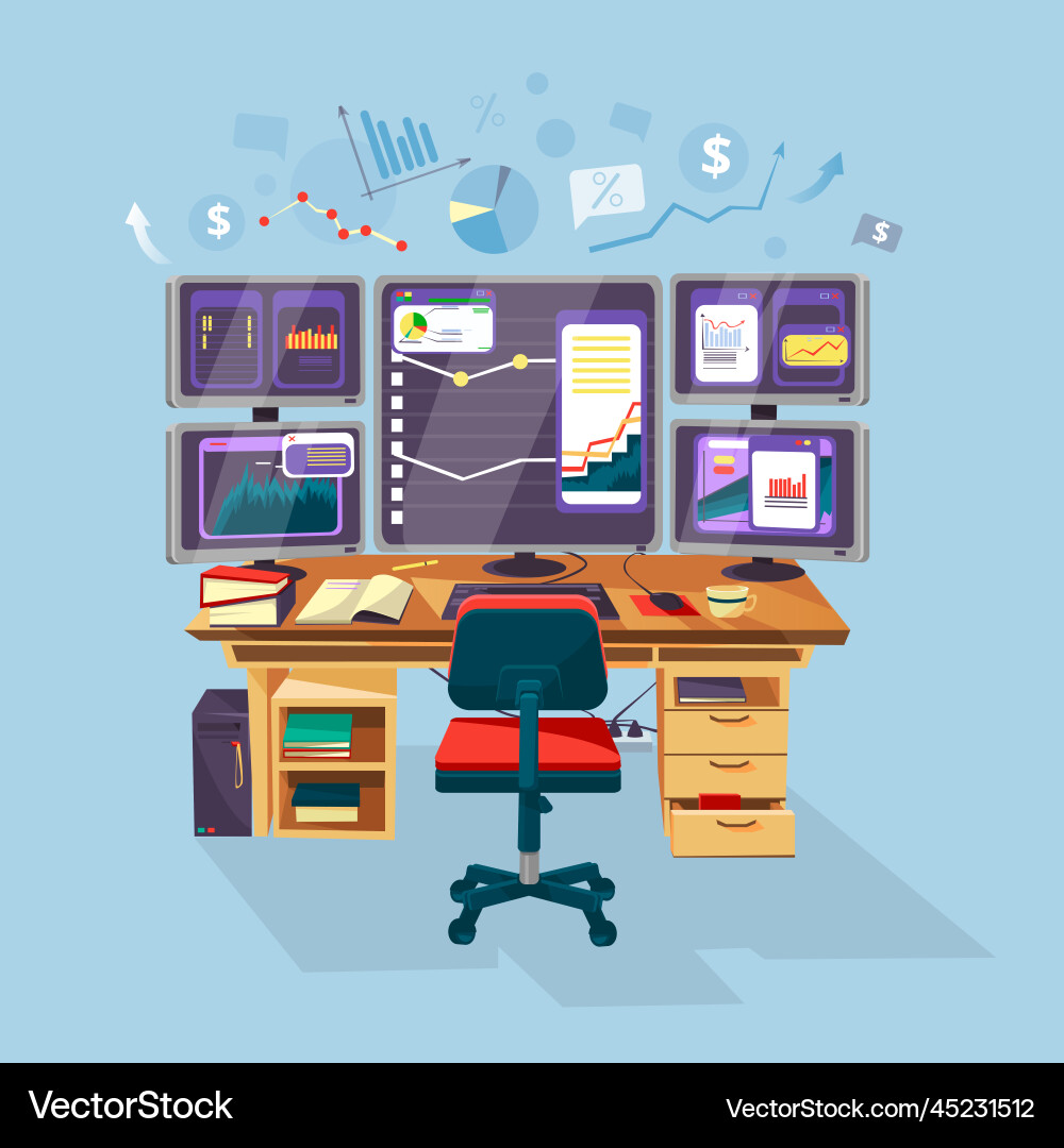 Cartoon trader financial analyst workplace Vector Image