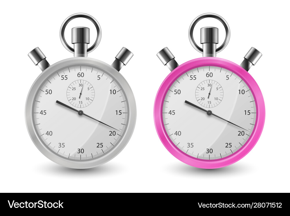 Realistic gray and pink classic stopwatch icon set