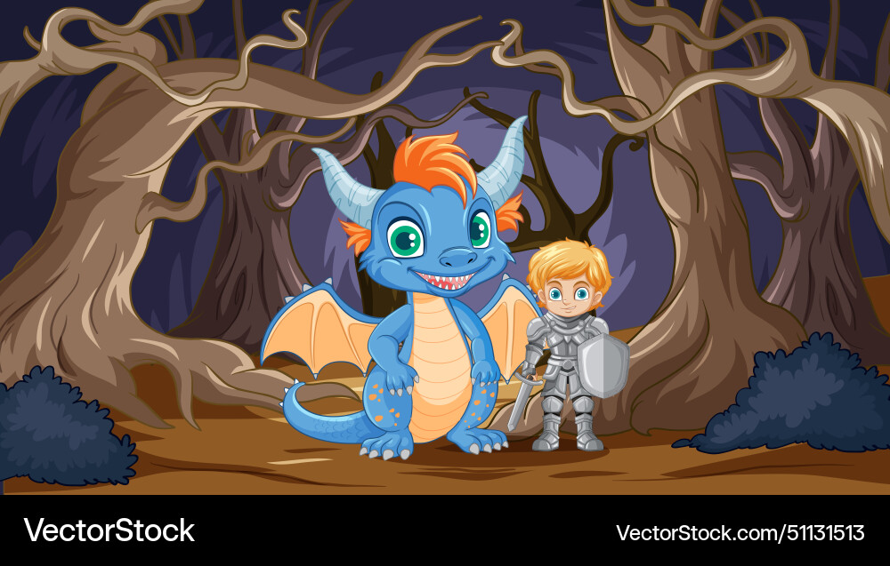 A young knight stands beside friendly dragon Vector Image