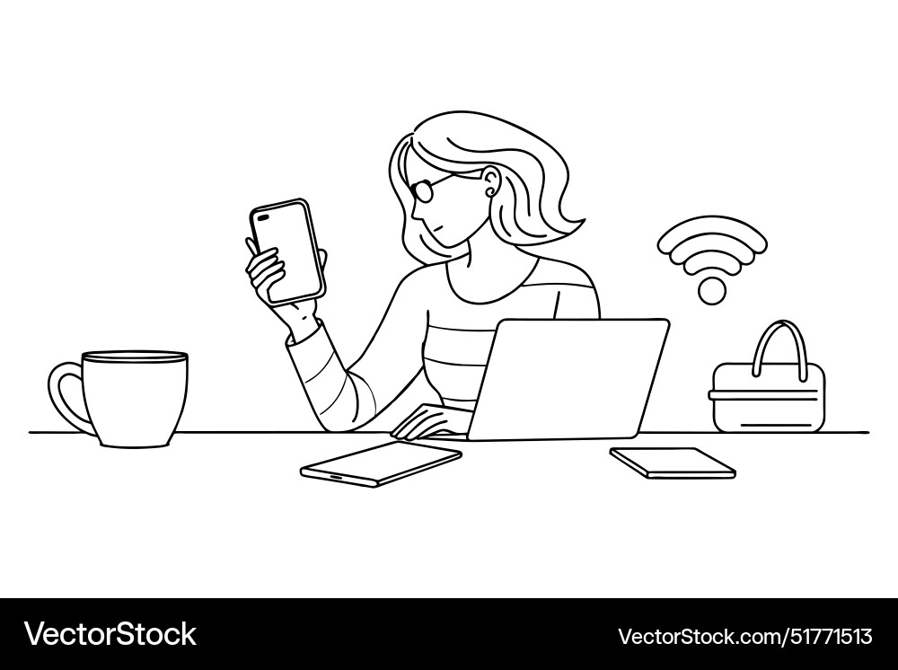 Gadgets with girl continuous line art drawing Vector Image