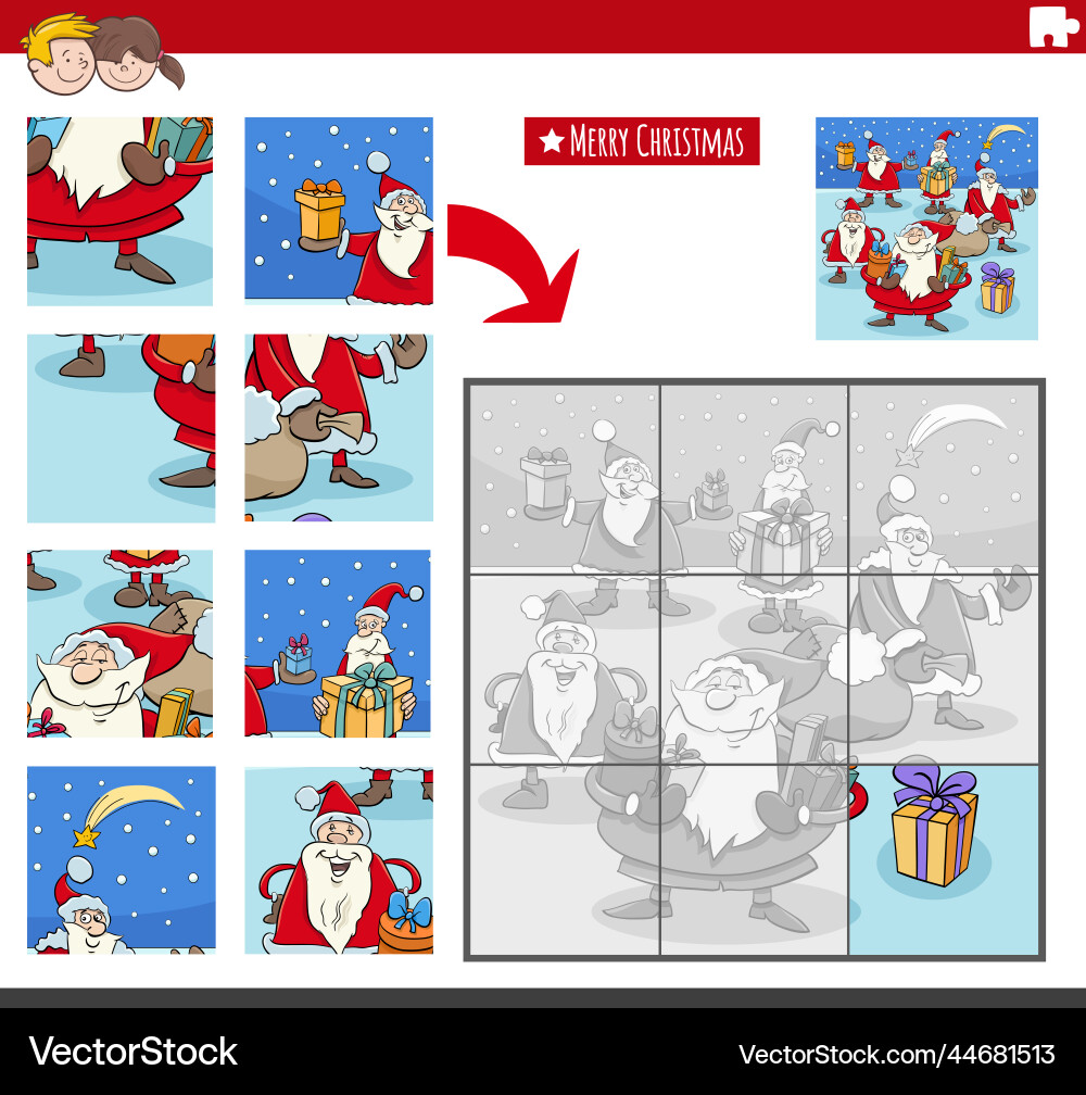 Jigsaw puzzle game with santa clauses Royalty Free Vector