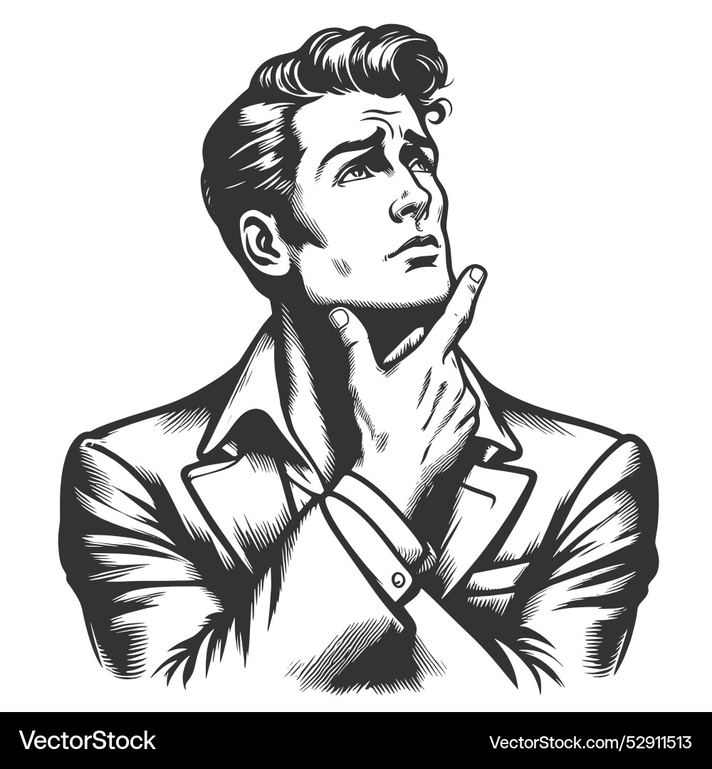 Thoughtful man pondering with hand on chin Vector Image