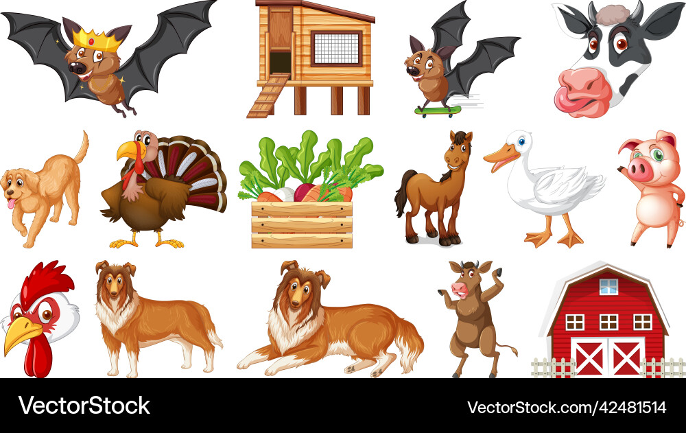 Many farm animals and barn Royalty Free Vector Image