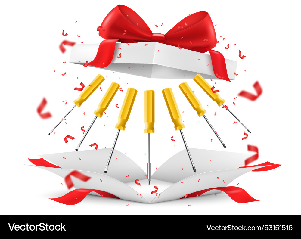 Screwdrivers inside open gift box with red ribbon Vector Image