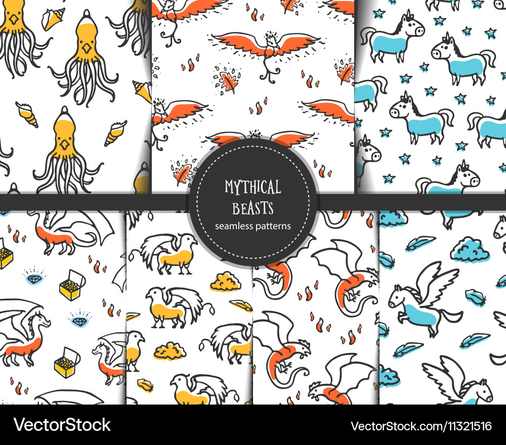 Set of seamless patterns with mythical beasts Vector Image