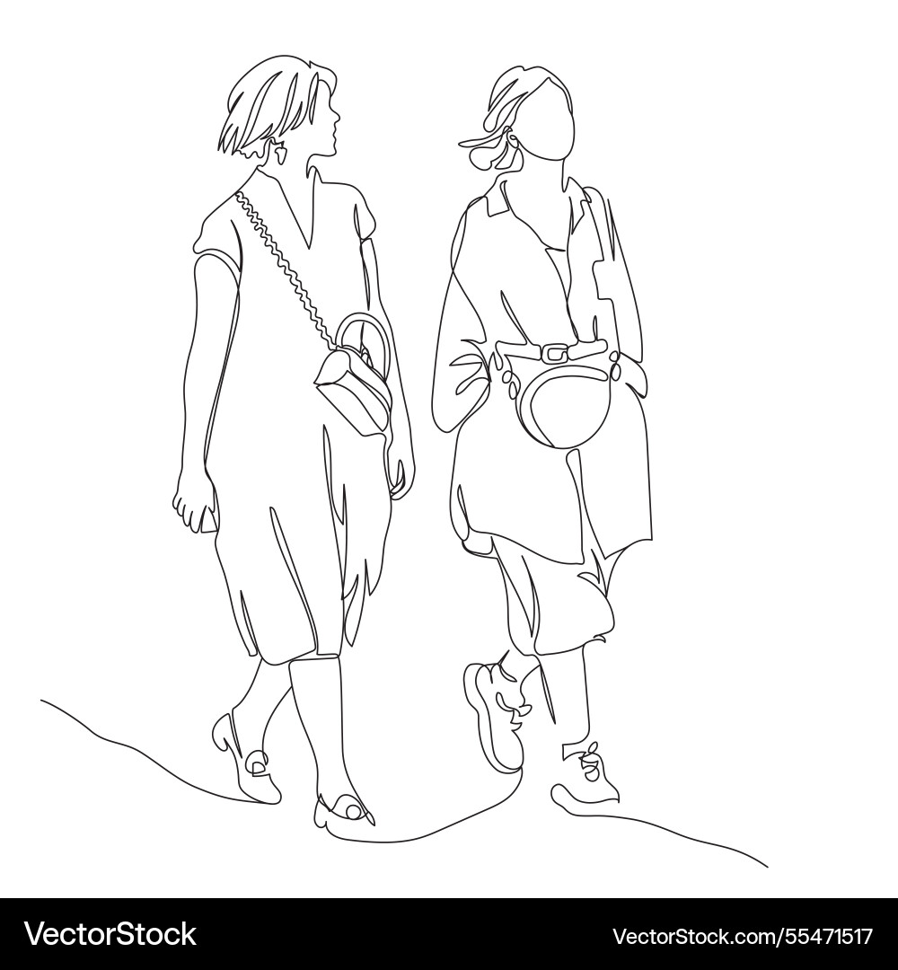 Two Women Walking – Line Art Royalty Free Vector Image