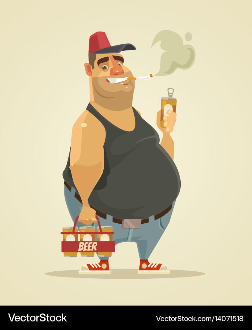 Happy smiling man smoking cigarette and drinking Vector Image