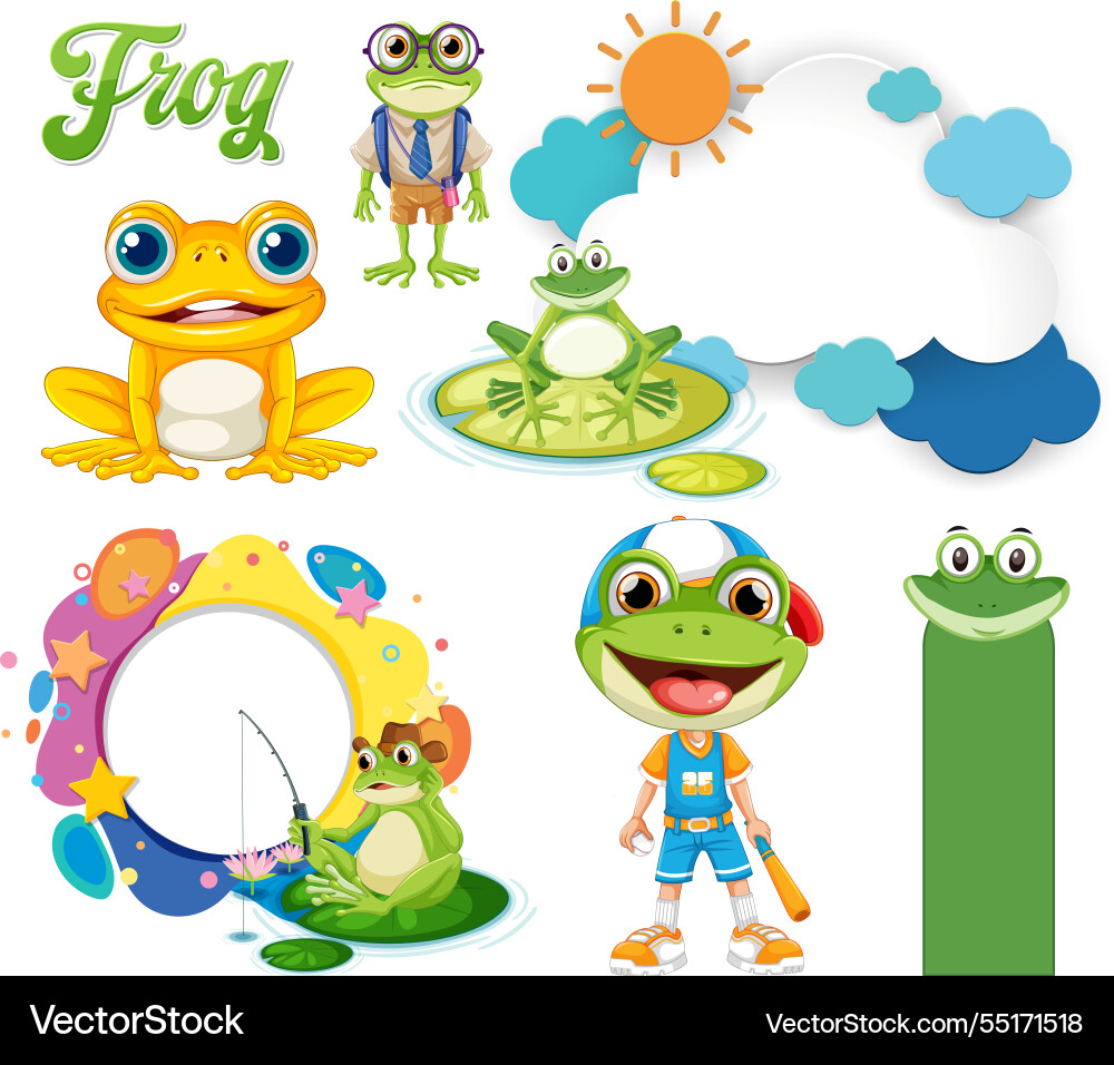 Playful frogs in various fun and vibrant settings Vector Image