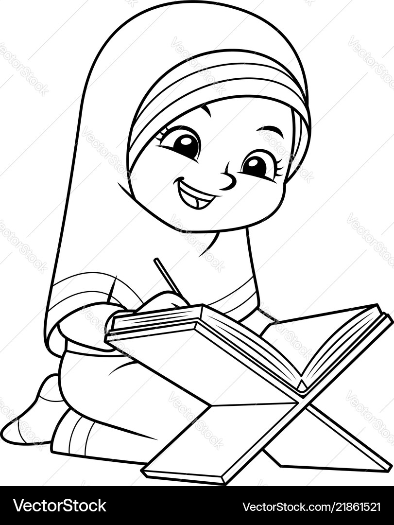 Moslem girl reading quran bw Royalty Free Vector Image