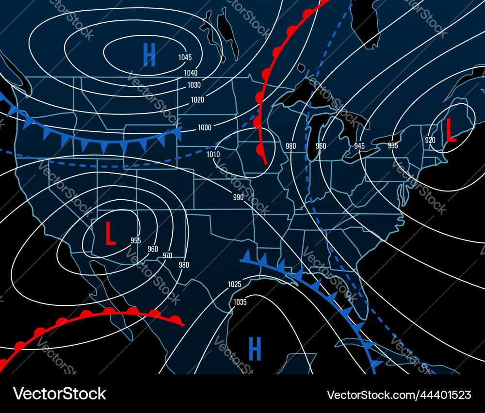 Forecast weather isobar night map of usa Vector Image