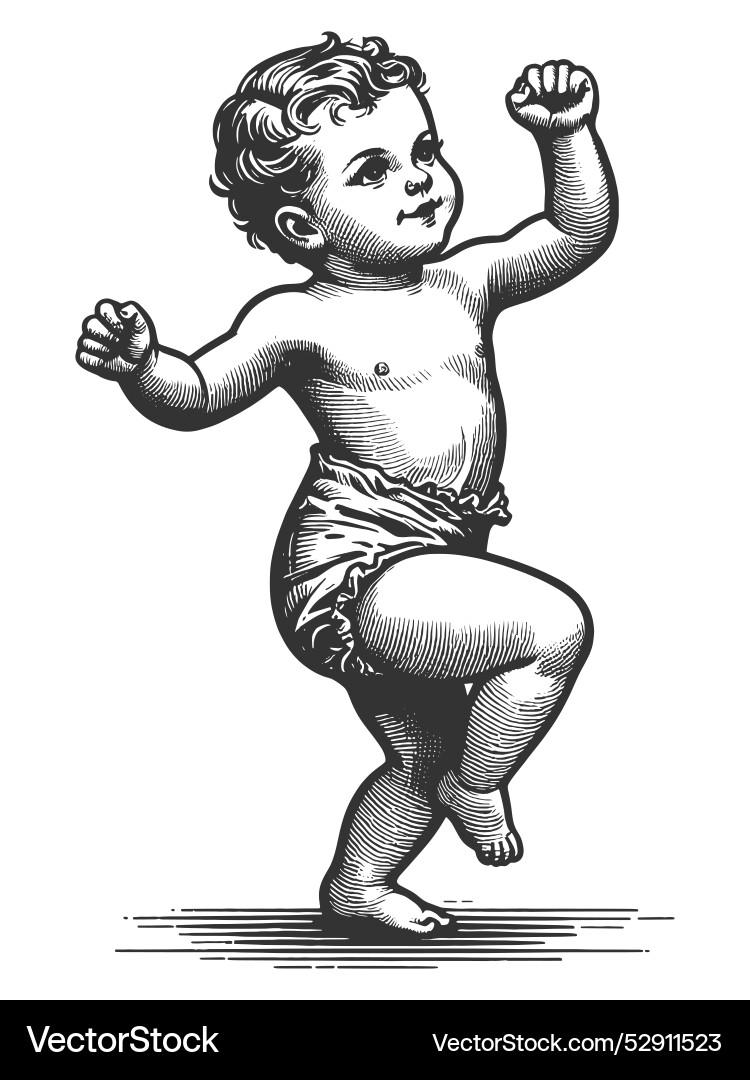 Joyful baby dancing engraving sketch Royalty Free Vector