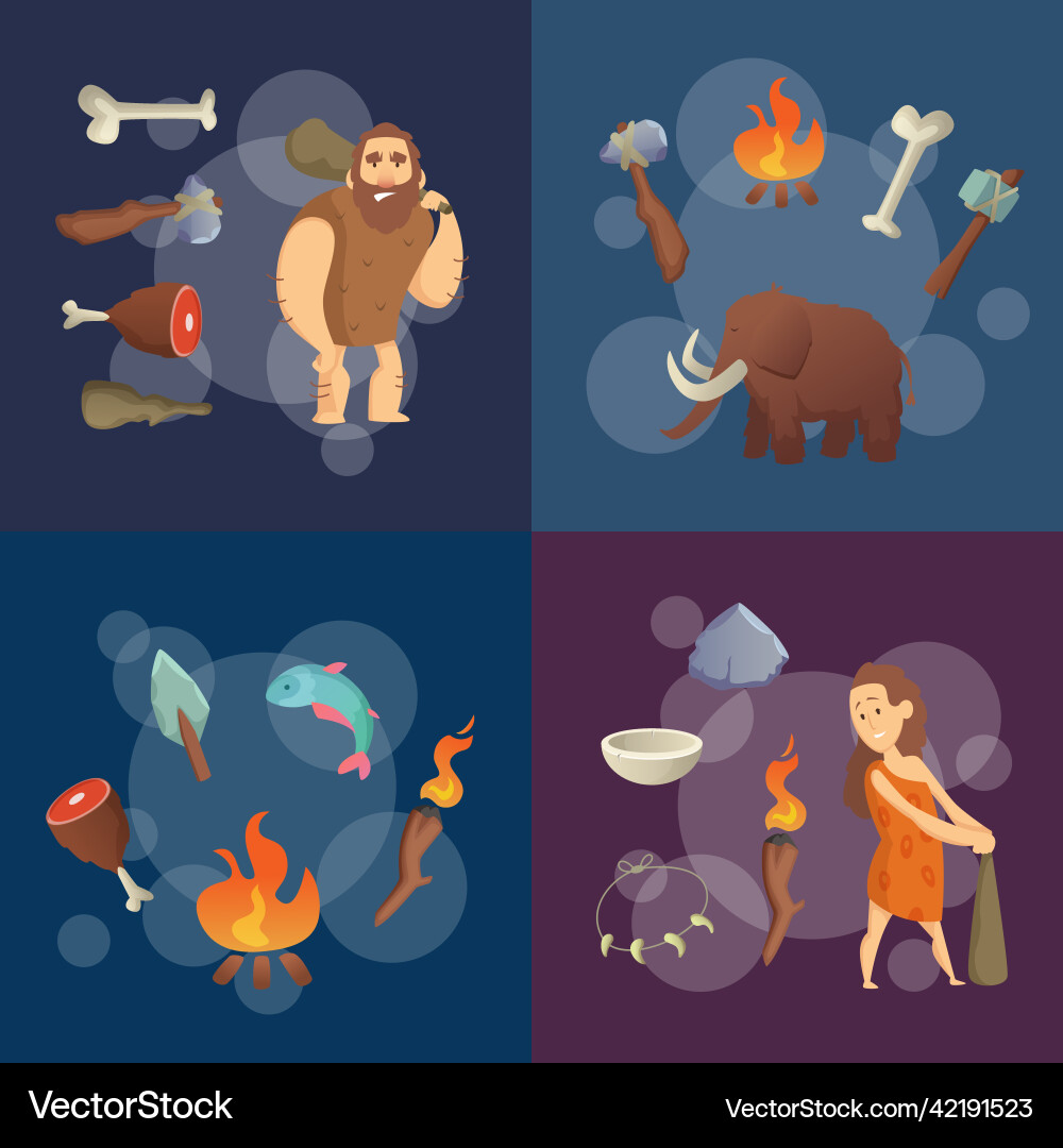Stone age elements cartoon cavemen Royalty Free Vector Image
