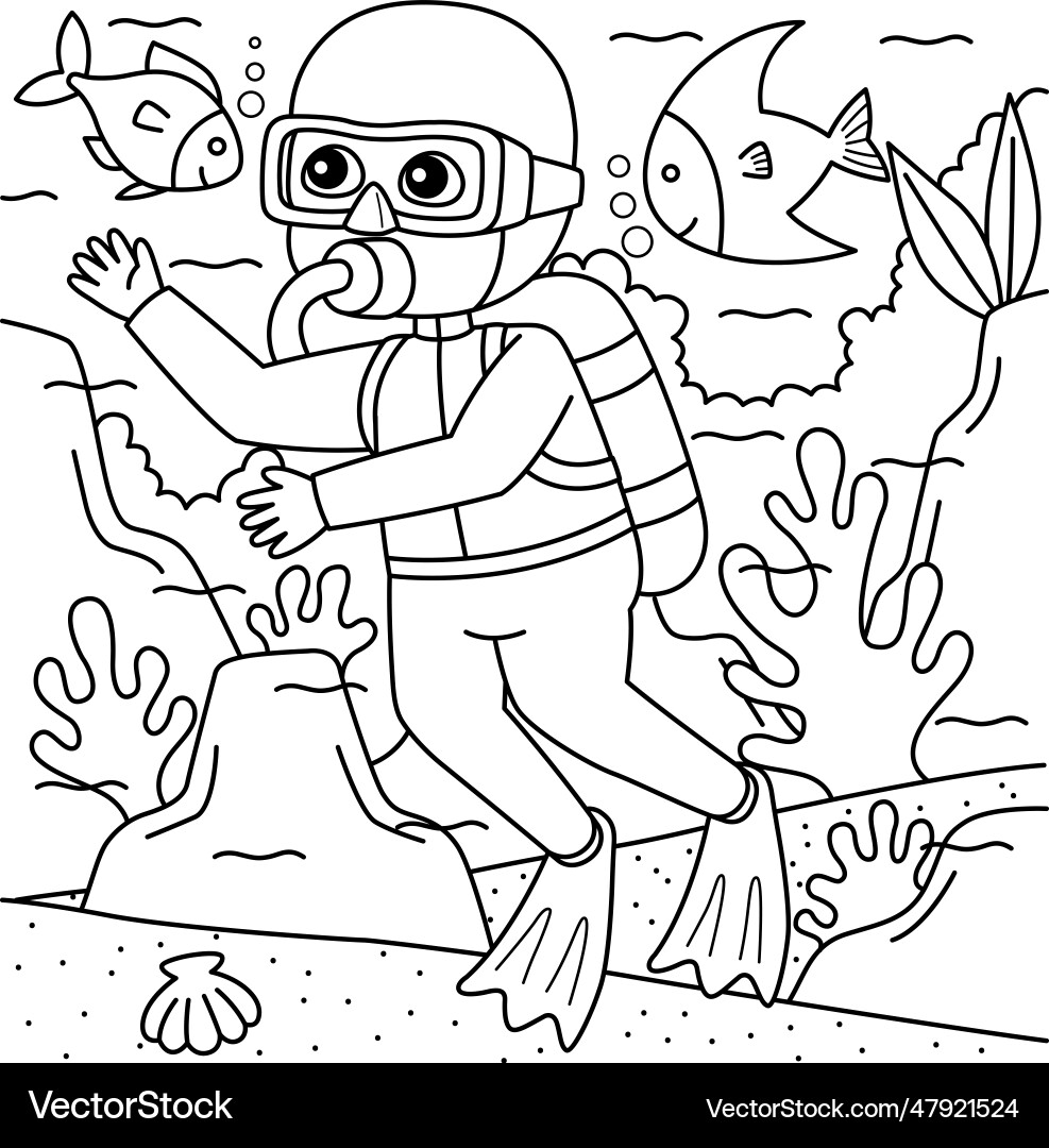 Boy scuba diving summer coloring page for kids Vector Image