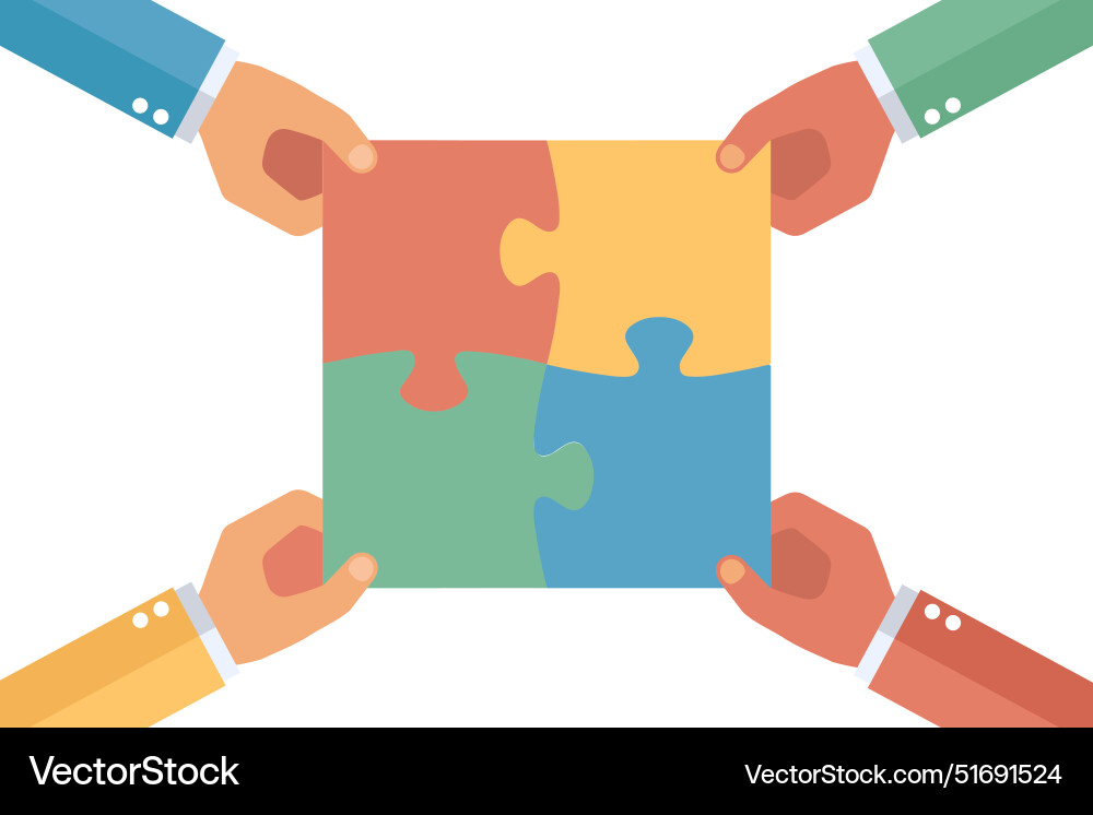 Hands put jigsaw puzzle together teamwork idea Vector Image