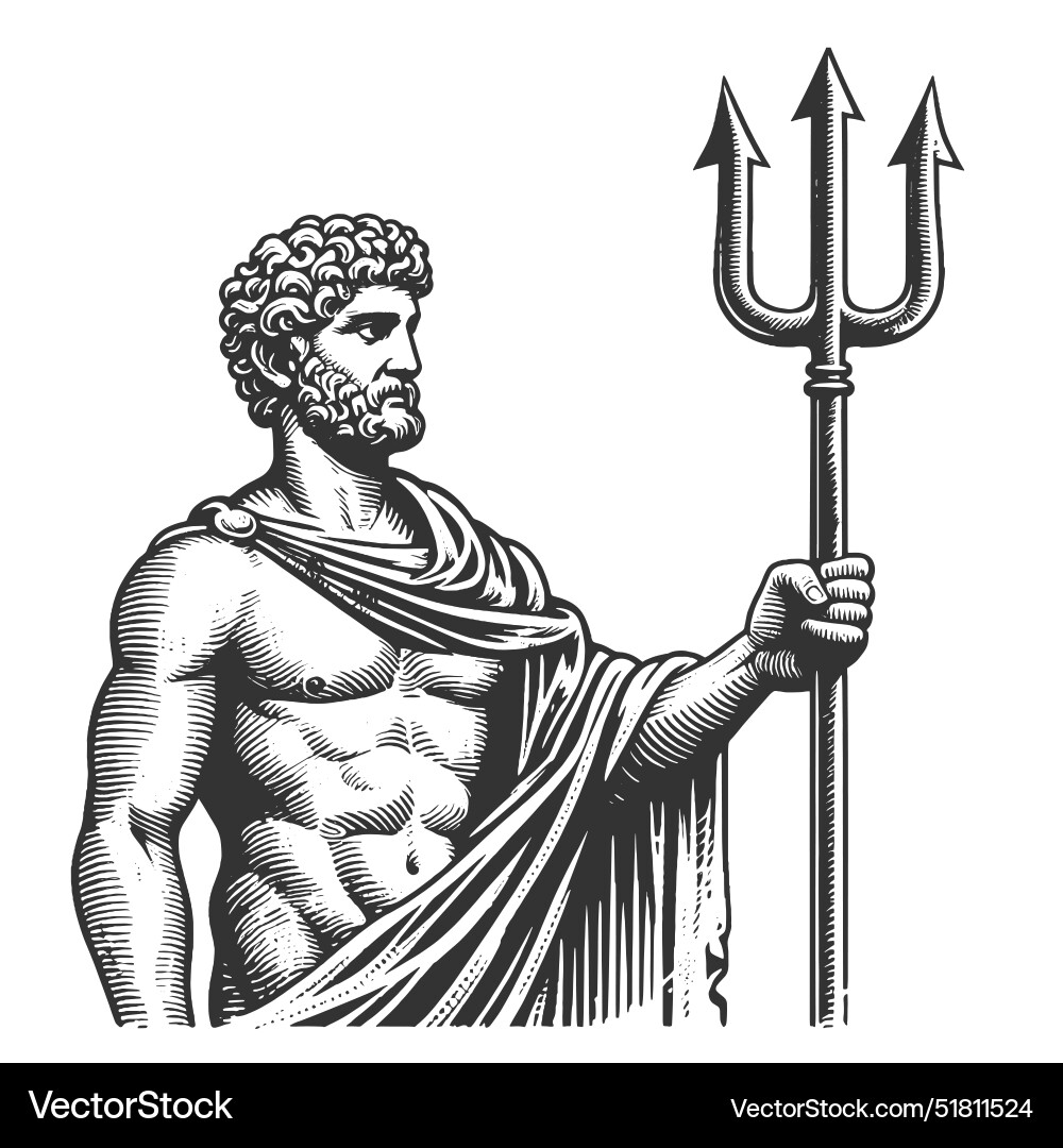 Poseidon trident engraving Royalty Free Vector Image