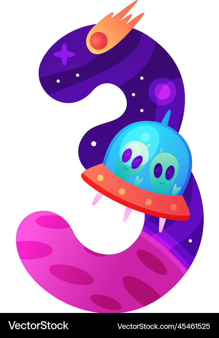 Space number three as cosmic numeral with ufo Vector Image
