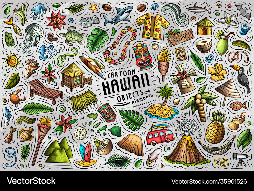 Colorful doodle cartoon set hawaii Royalty Free Vector Image