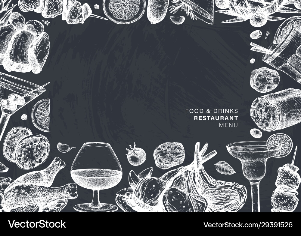 Hand drawn food and drinks frame design Royalty Free Vector