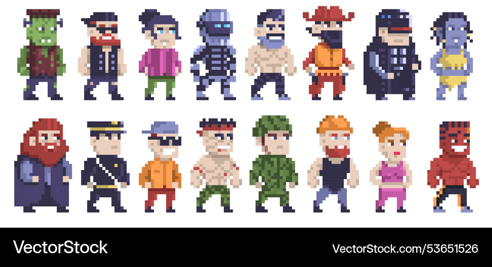 Pixel characters retro 8 bit video game people Vector Image