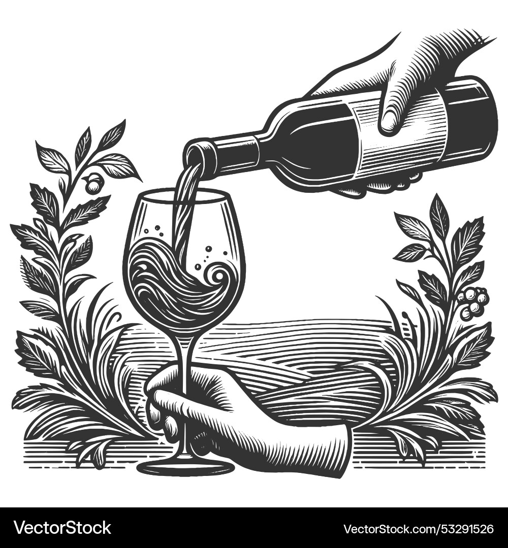 Pouring wine into glass engraving Royalty Free Vector Image