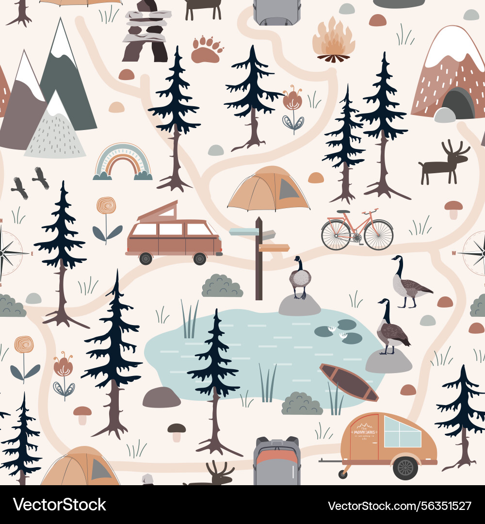 Summer forest camping adventure seamless pattern Vector Image