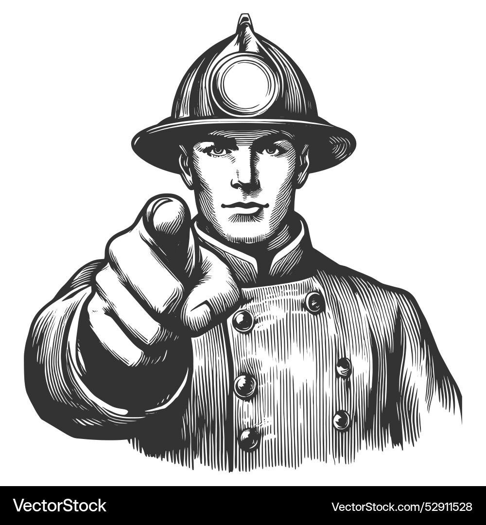 Firefighter pointing forward recruitment pose Vector Image