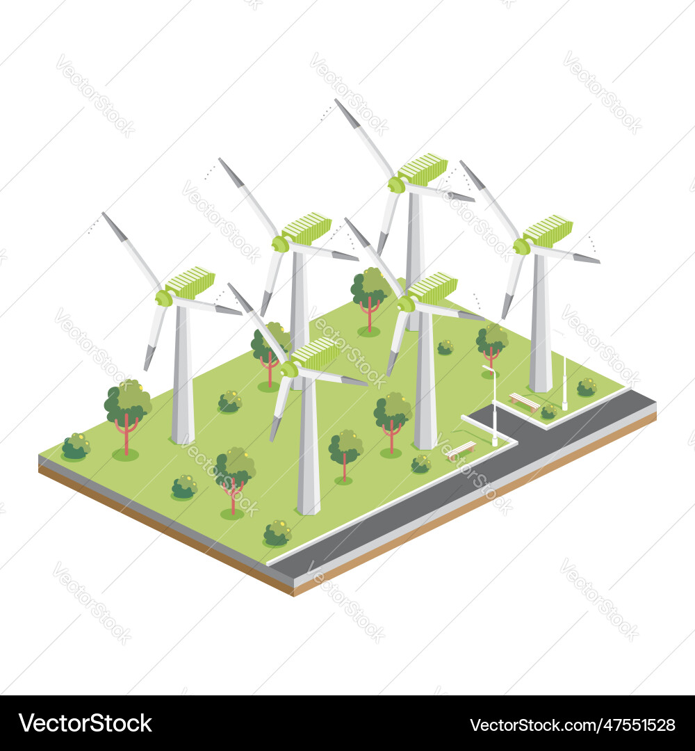 Wind turbines farm isometric power generator Vector Image