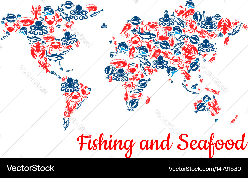 Fishing and seafood fish world map Royalty Free Vector Image