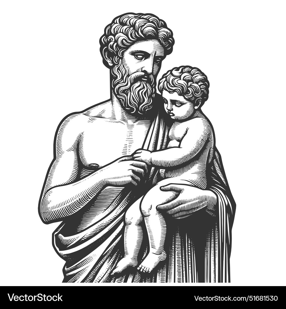 Statue father holding baby engraving Royalty Free Vector